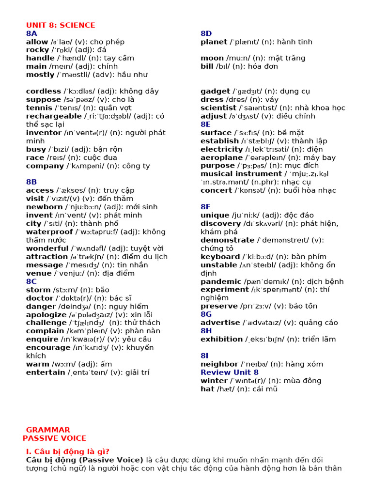 TỪ VỰNG NGỮ PHÁP BÀI TẬP BỔ TRỢ TA10 FRIENDS GLOBAL UNIT 8 (HS) | PDF