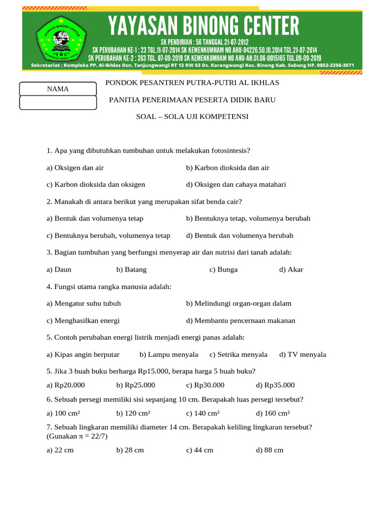 Soal Ujikom Santri Baru 2024 | PDF