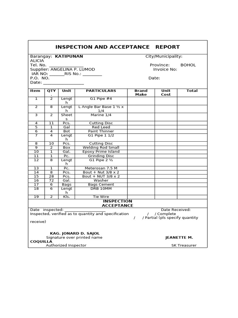 SK Inspection and Acceptance Report | PDF | Industrial Processes ...