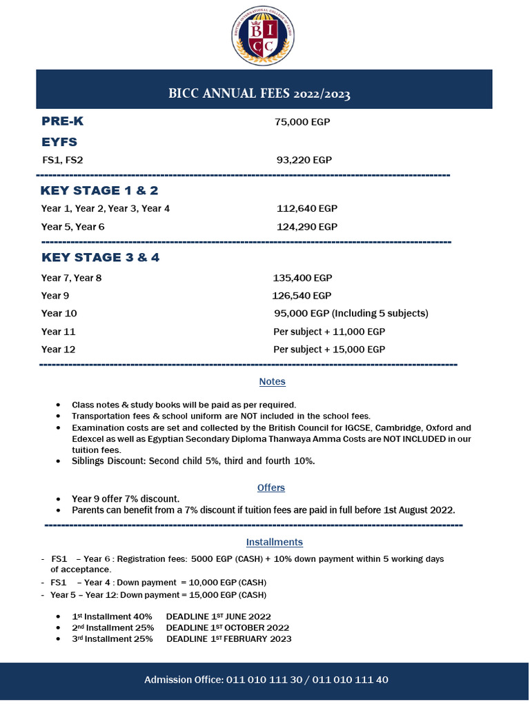 BICC Tuition Fees 2022 2023 | PDF