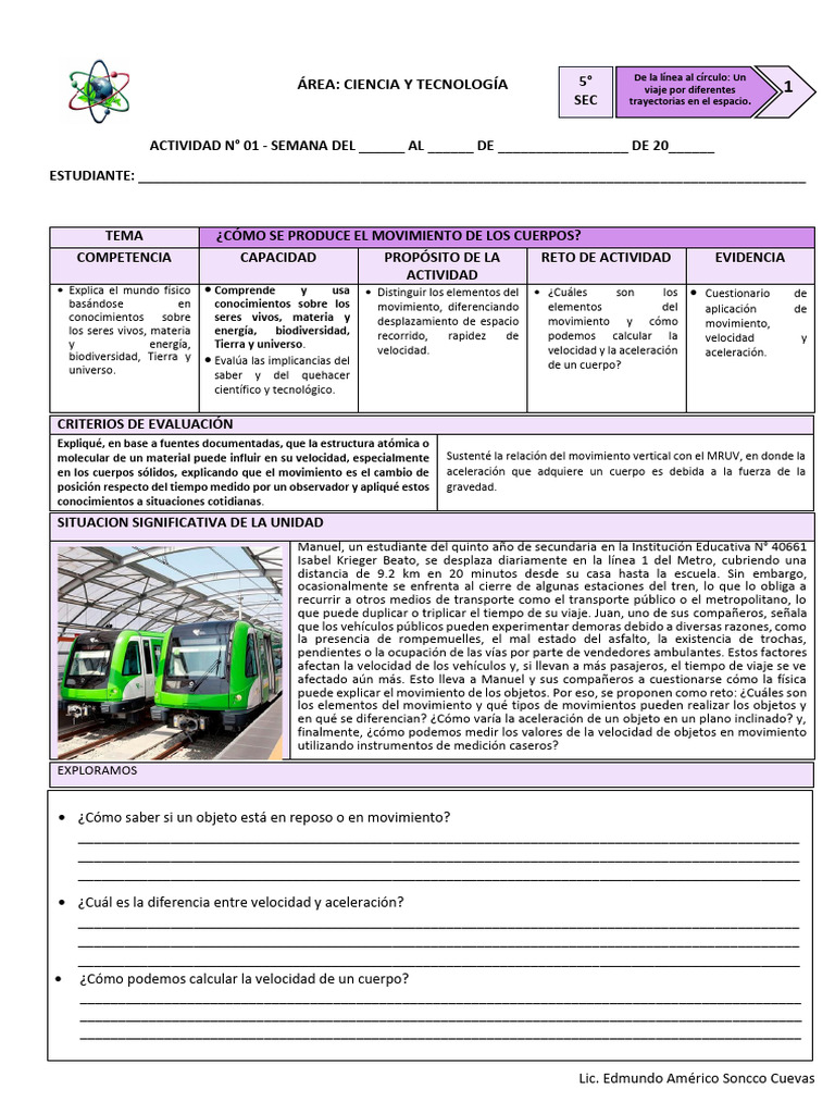 5°sec - UNIDAD 1 - ACTIVIDAD 1 (CyT Explica 2024) - Cómo Se Produce El Movimiento de Los Cuerpos ...