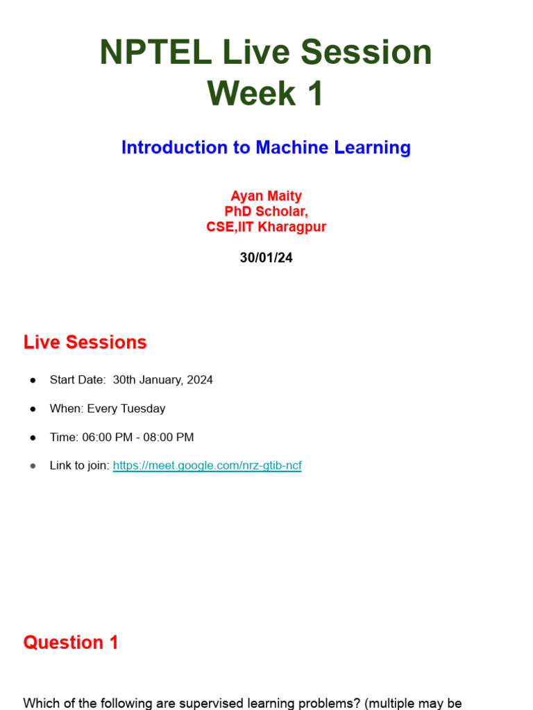 Introduction to Machine Learningnptelweek1!13!240422175732-b56d025a | PDF | Machine Learning ...