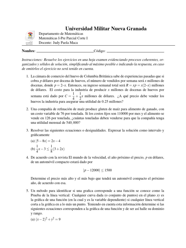 PreParcial Corte I MAT I 2025 I | PDF | Ecuaciones | Análisis matemático