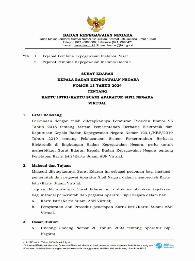 SE BKN No 13 Tahun 2024 - Karis Karsu ASN Virtual | PDF