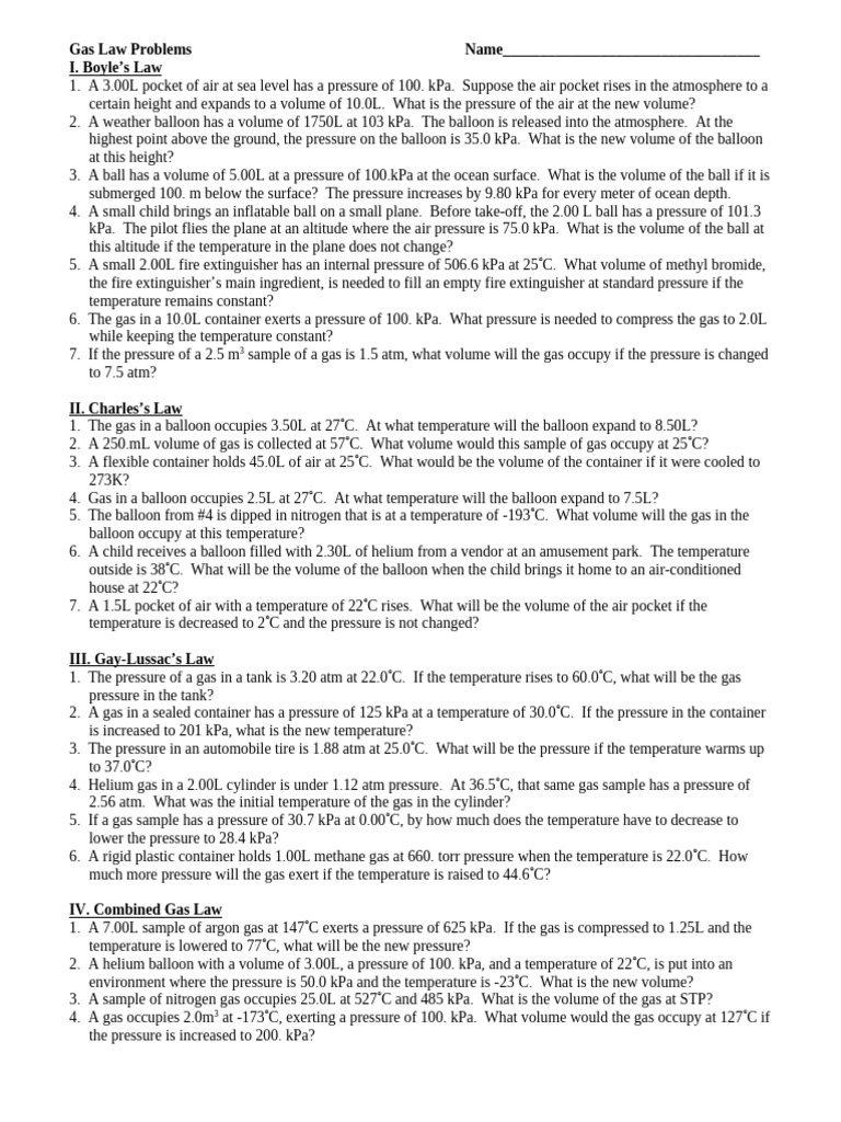 Gas Laws Homework 2013 2 | PDF | Gases | Pressure