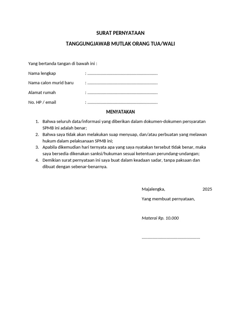 Surat Pernyataan Ortu SPMB 2025 | PDF