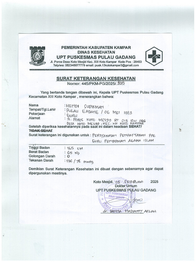 Surat Keterangan Sehat Hendi | PDF
