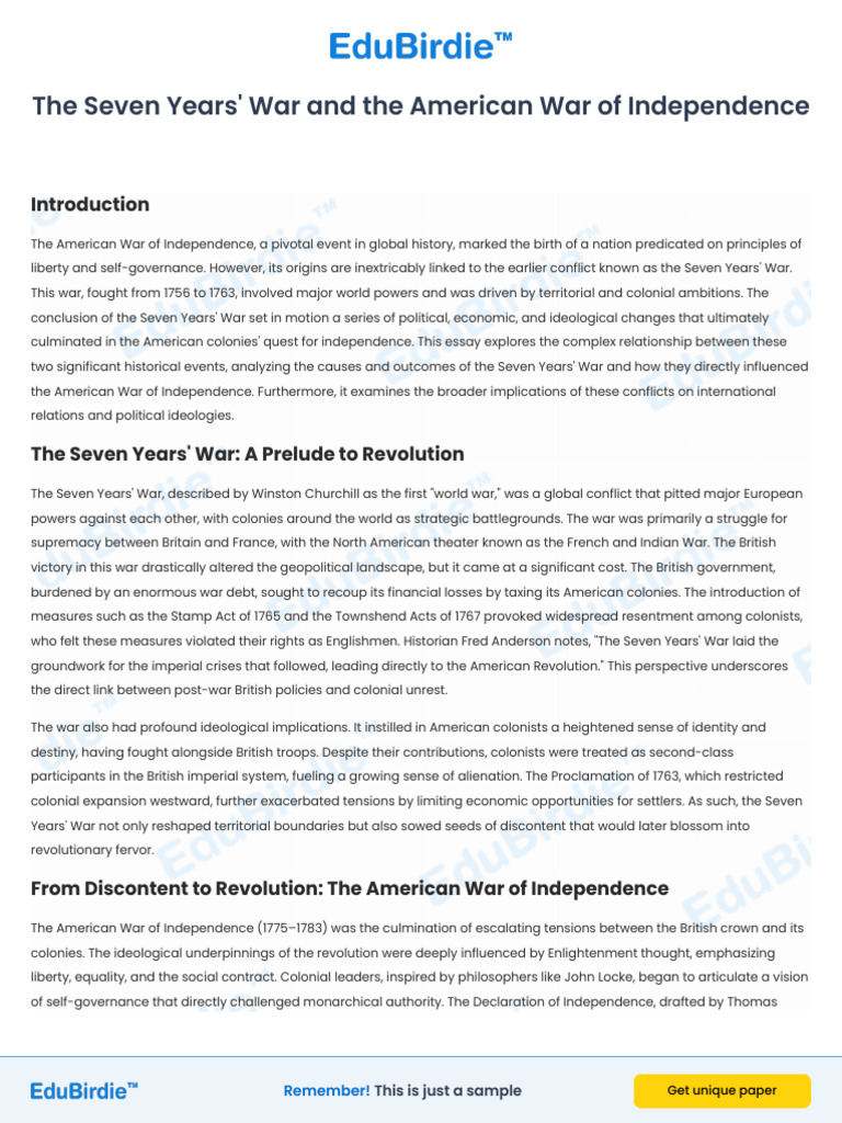 The Seven Years War and The American War of Independence | PDF ...