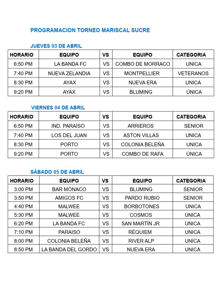 PROGRAMACION TORNEO MARICAL SSUCRE | PDF