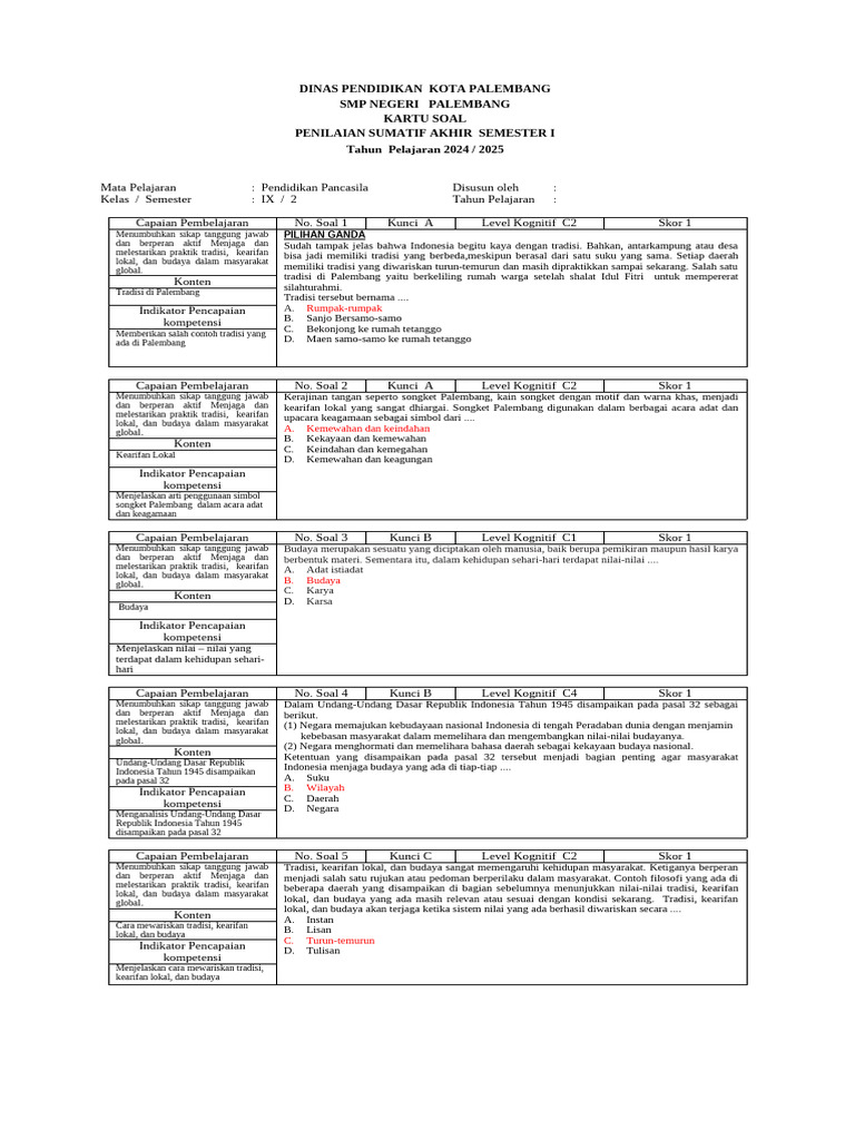 Kartu Soal PAS KELAS 9 | PDF