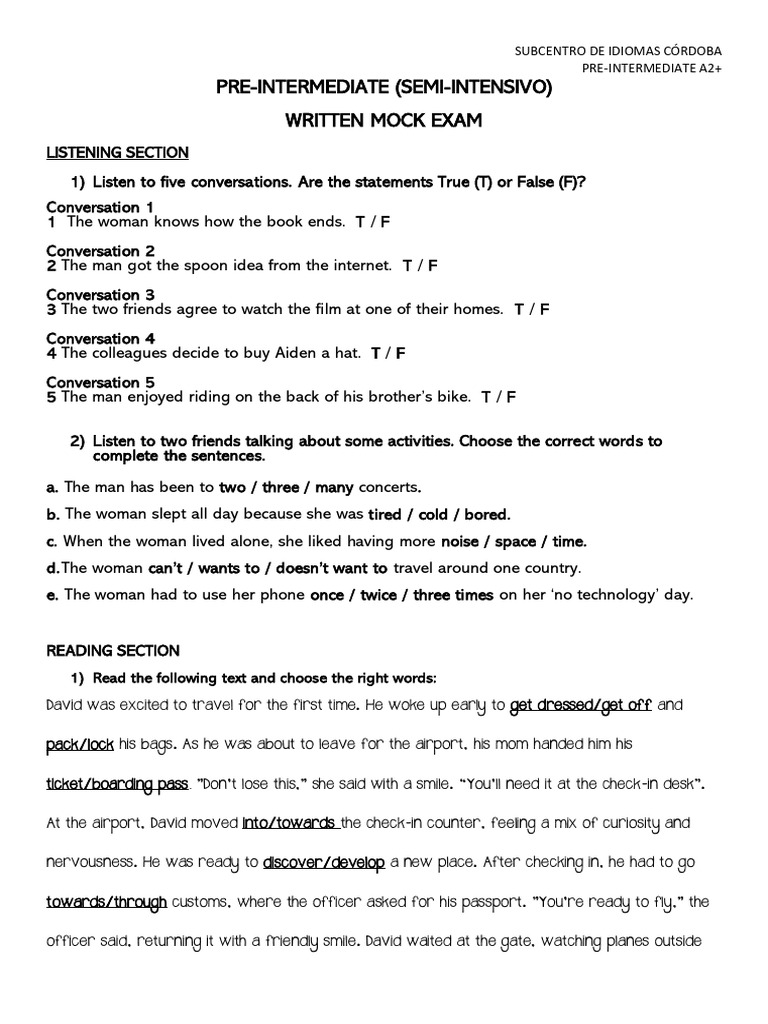 A2+ Pre-Intermediate Mock Exam Guide | PDF