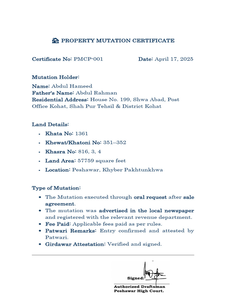 ? Property Mutation Certificate | PDF