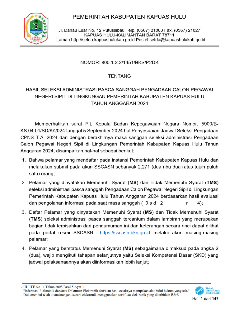 5.-PENGUMUMAN-PASCA-SANGGAH-SELEKSI-ADMINISTRASI-CPNS-2024 | PDF