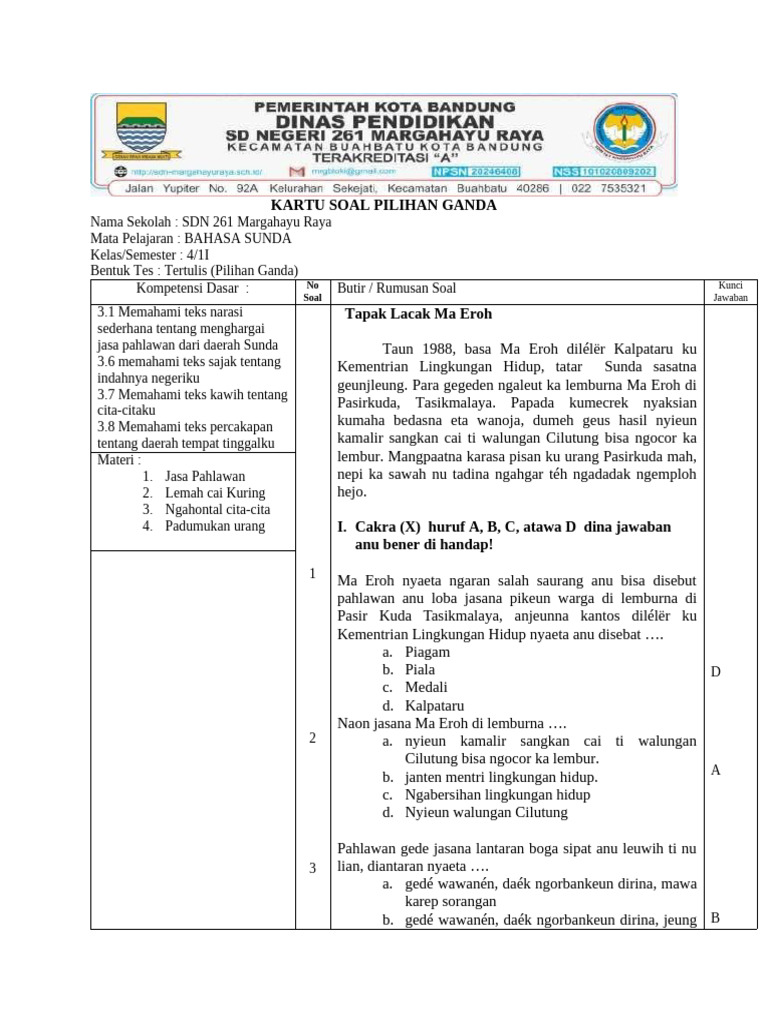 Kartu Soal Sas BHS Sunda KLS 4 2022-2023 | PDF