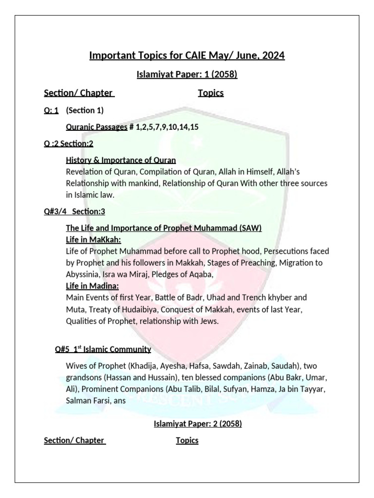 Expected Topics Islamiyat For CAIE 2024 | PDF | Muhammad | Hadith