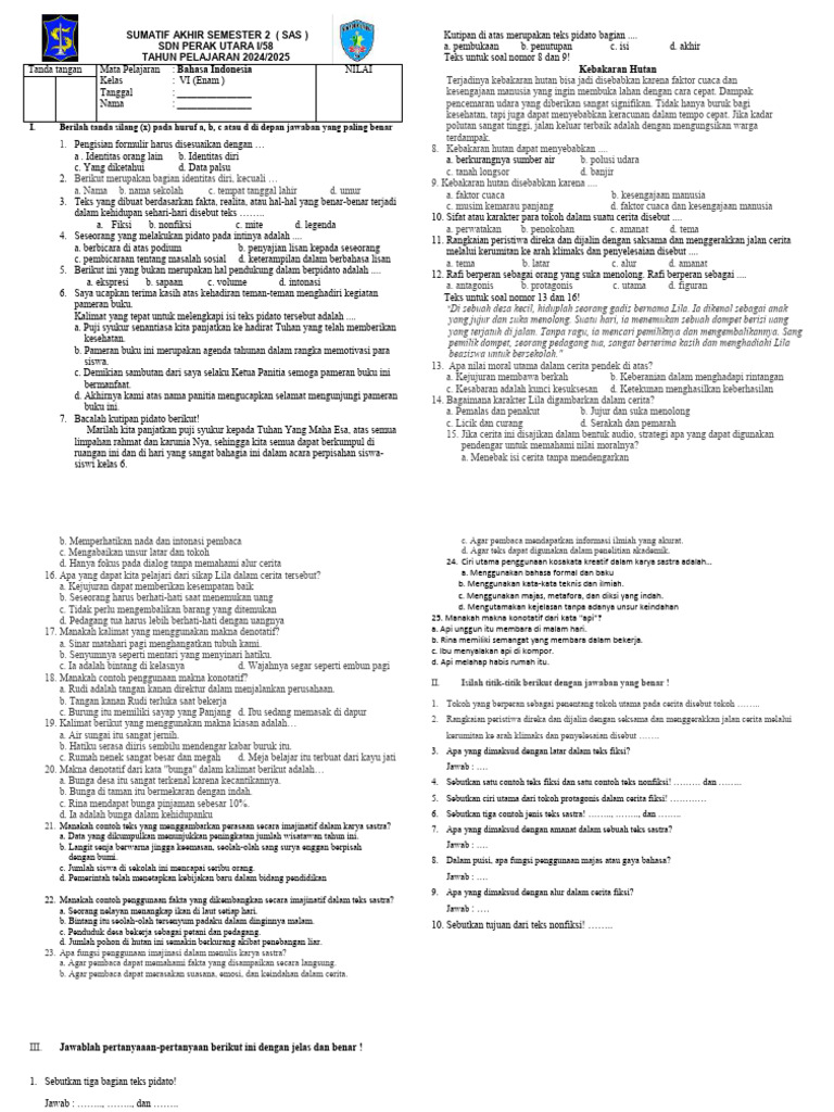 8 SAS Bhs Indonesia KLS 6 SMTR 2 TA 2024-2025 | PDF