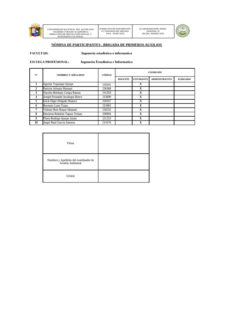 Formato - Nomina de Brigada de Primeros Auxilios | PDF
