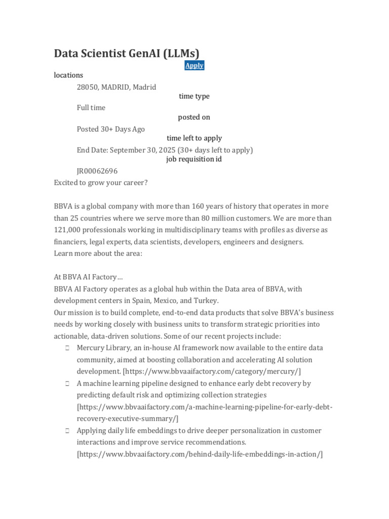 BBVA Madrid Data Scientist GenAI (LLMS) | PDF | Artificial Intelligence | Intelligence (AI ...