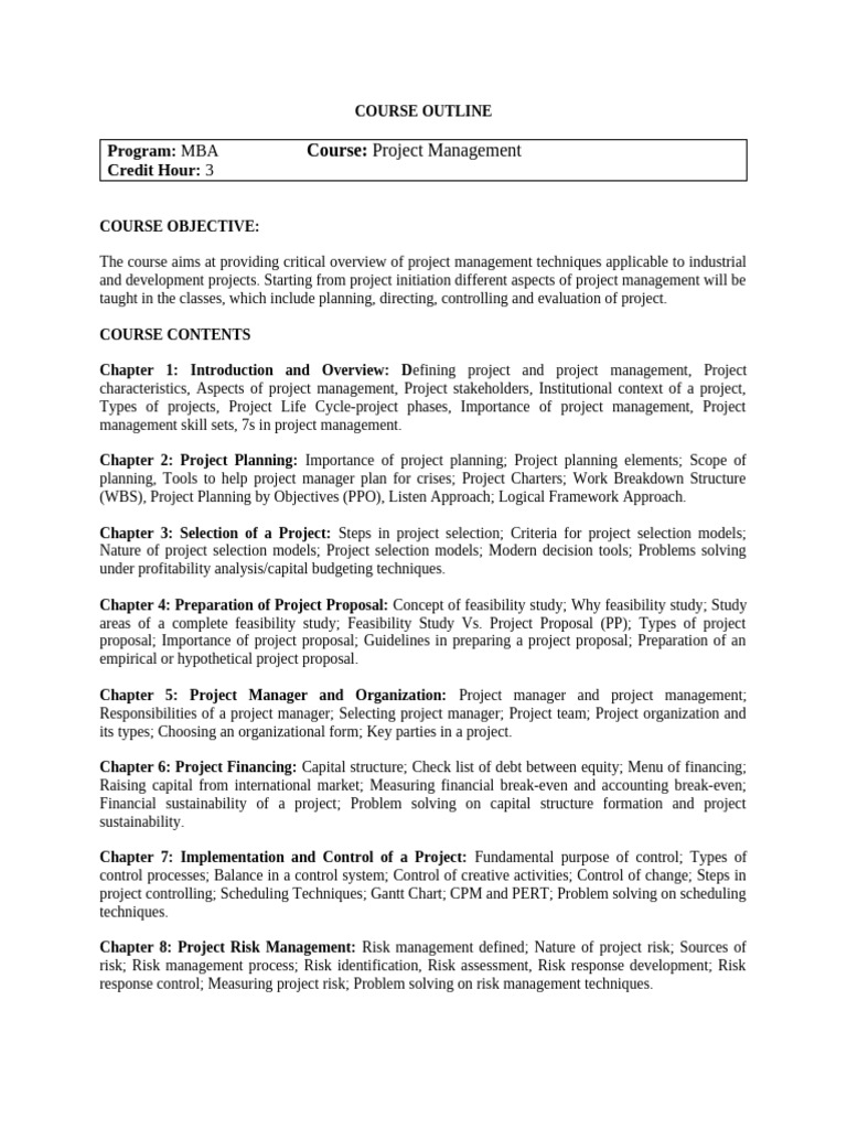 MBA Project Management Course Outline | PDF | Project Management | Business