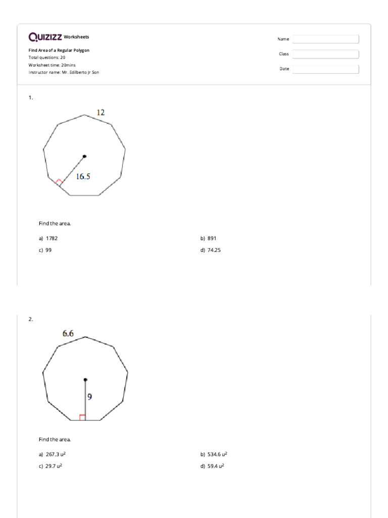 Area of Regular Polygons Worksheet | PDF | Area | Geometry
