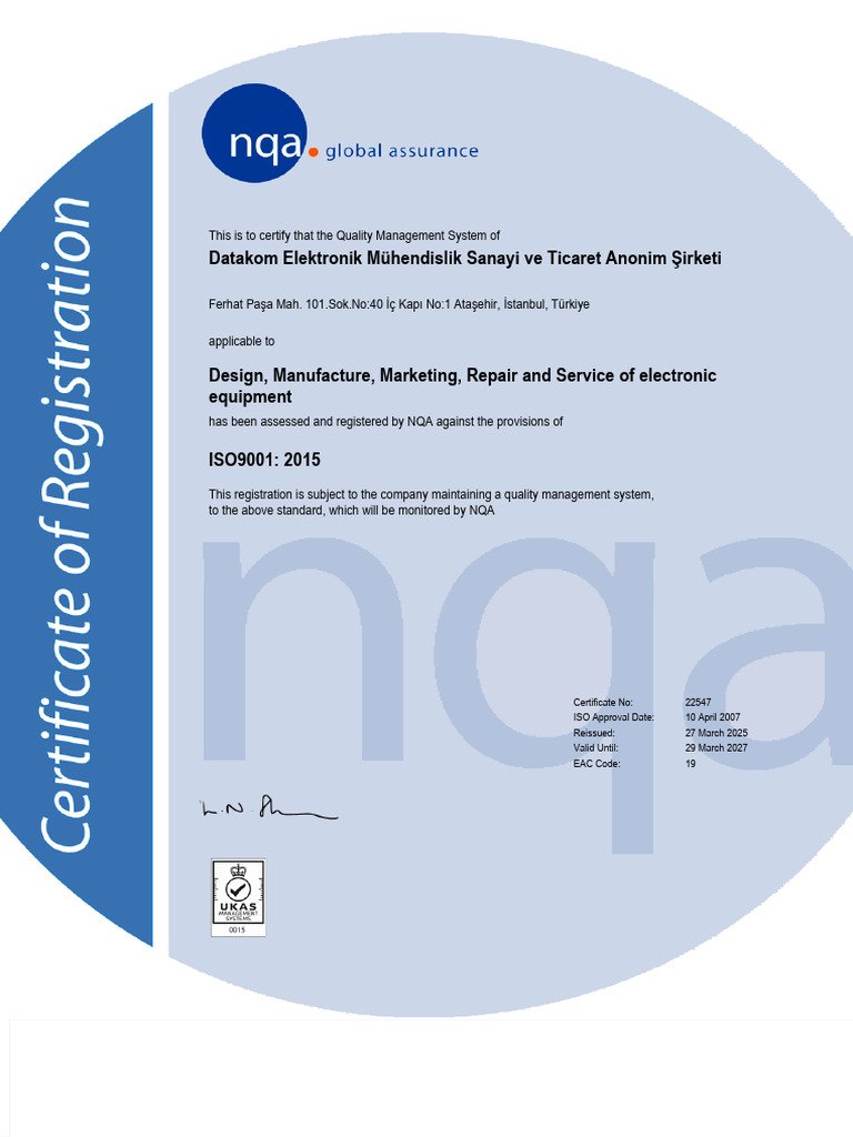NQA ISO 9001 Certification for Datakom | PDF