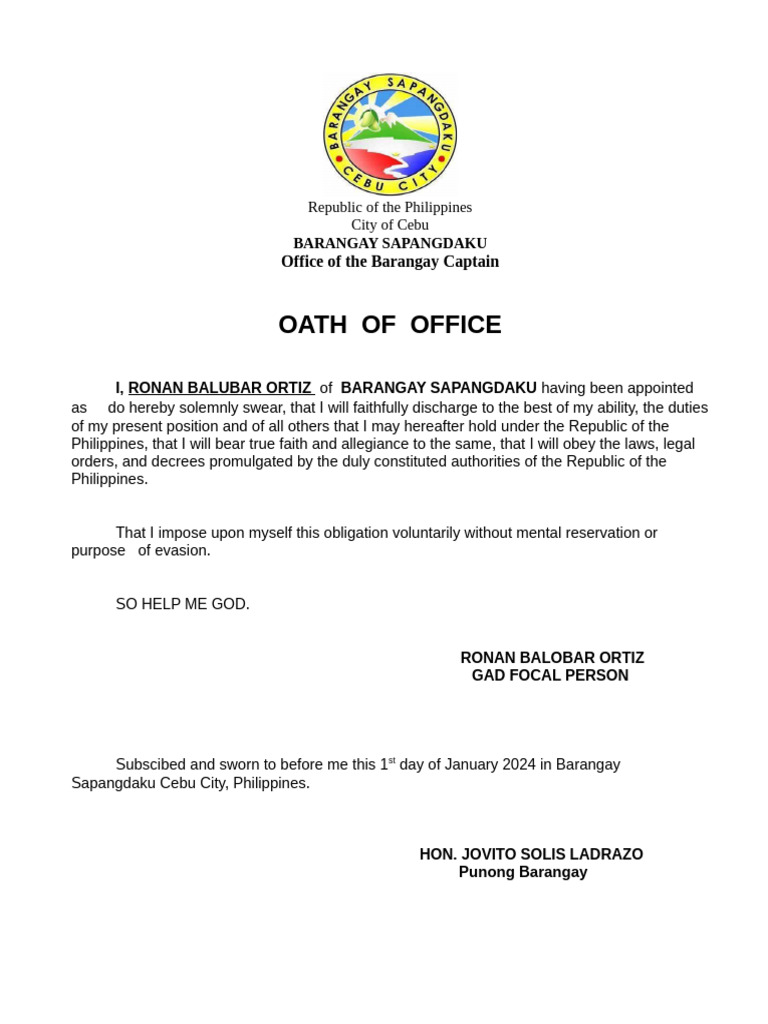 Oath of Office: Ronan Balubar Ortiz | PDF
