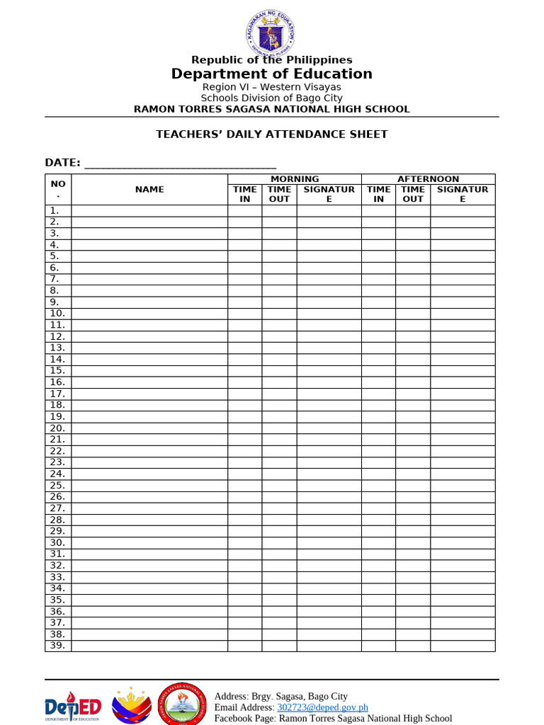 Teachers' Daily Attendance Sheet | PDF