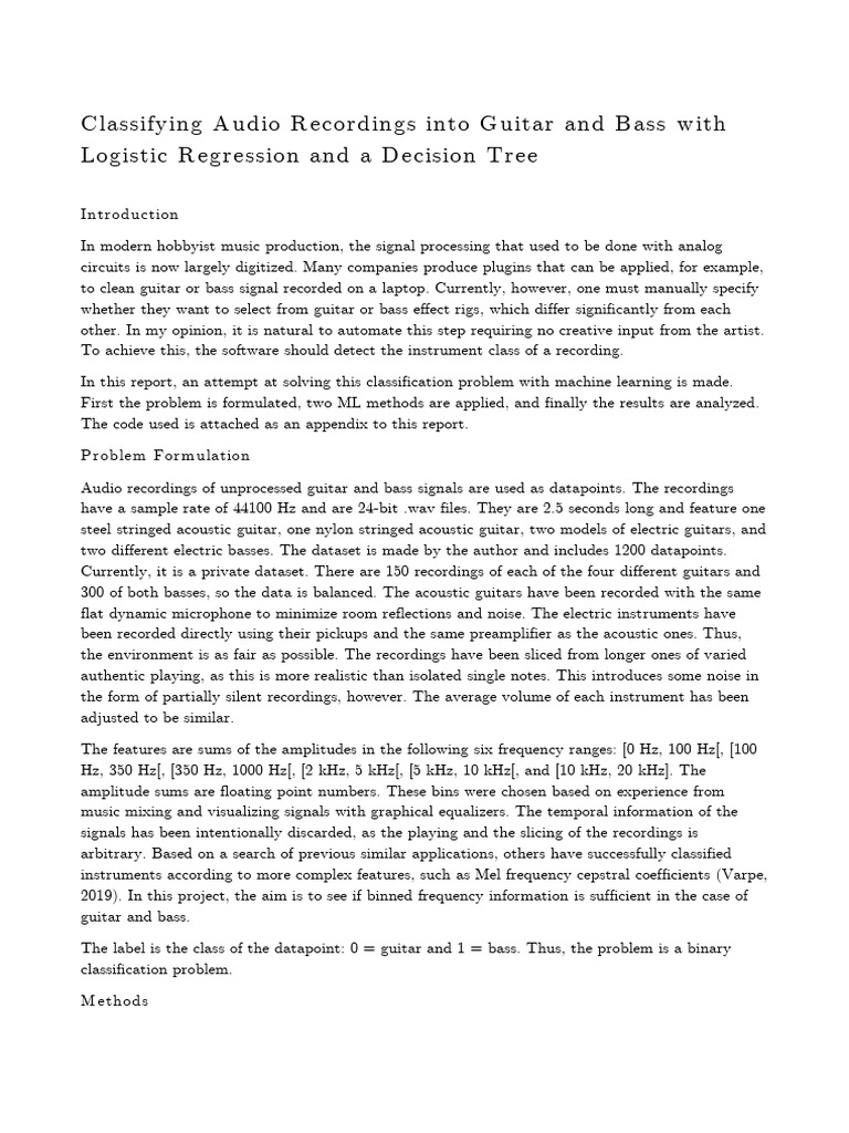 Classifying Audio Recordings Into Guitar and Bass With Logistic Regression and A Decision Tree ...