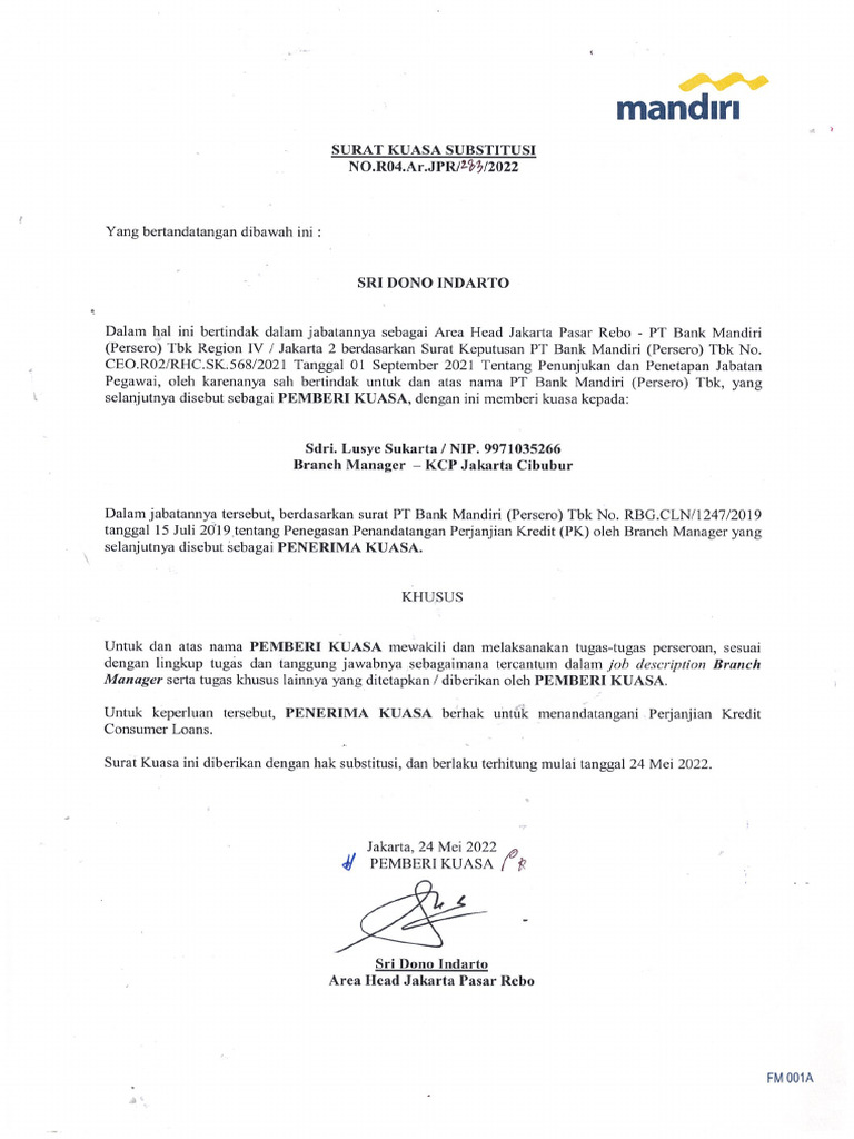 Surat Kuasa Substitusi No R04.Ar.jpr-283-2022.Ibu Lusye Sukarta | PDF