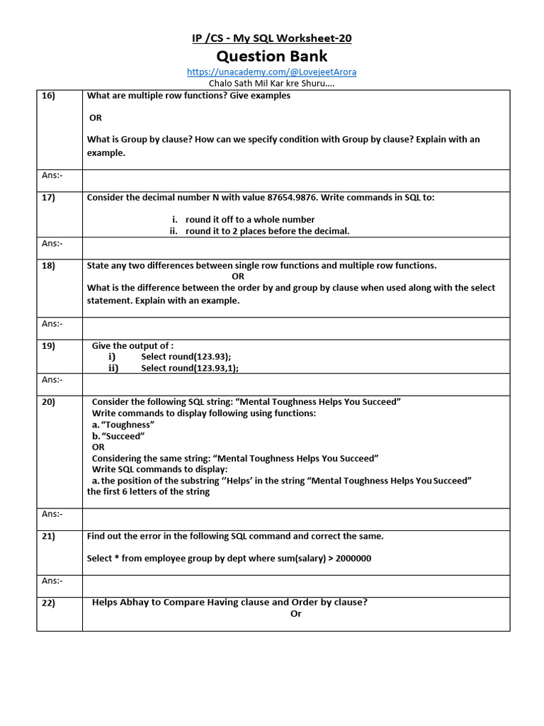 Worksheet 20 Qs | PDF | String (Computer Science) | Sql
