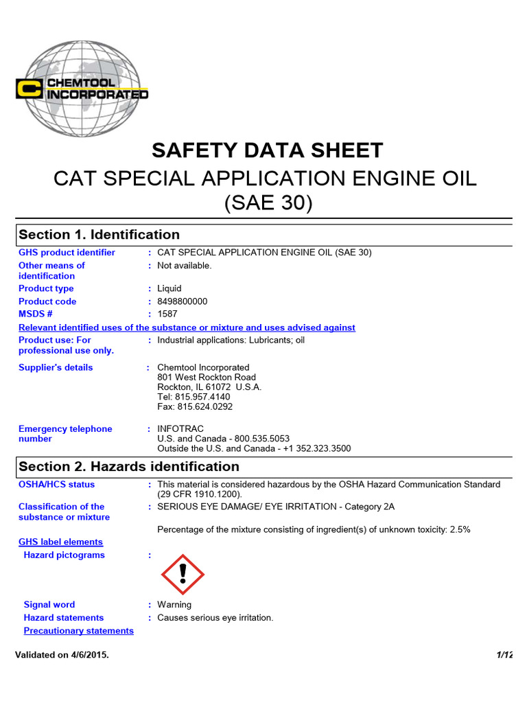 CAT SAE 30 Engine Oil Safety Data Sheet | PDF | Toxicity | Waste
