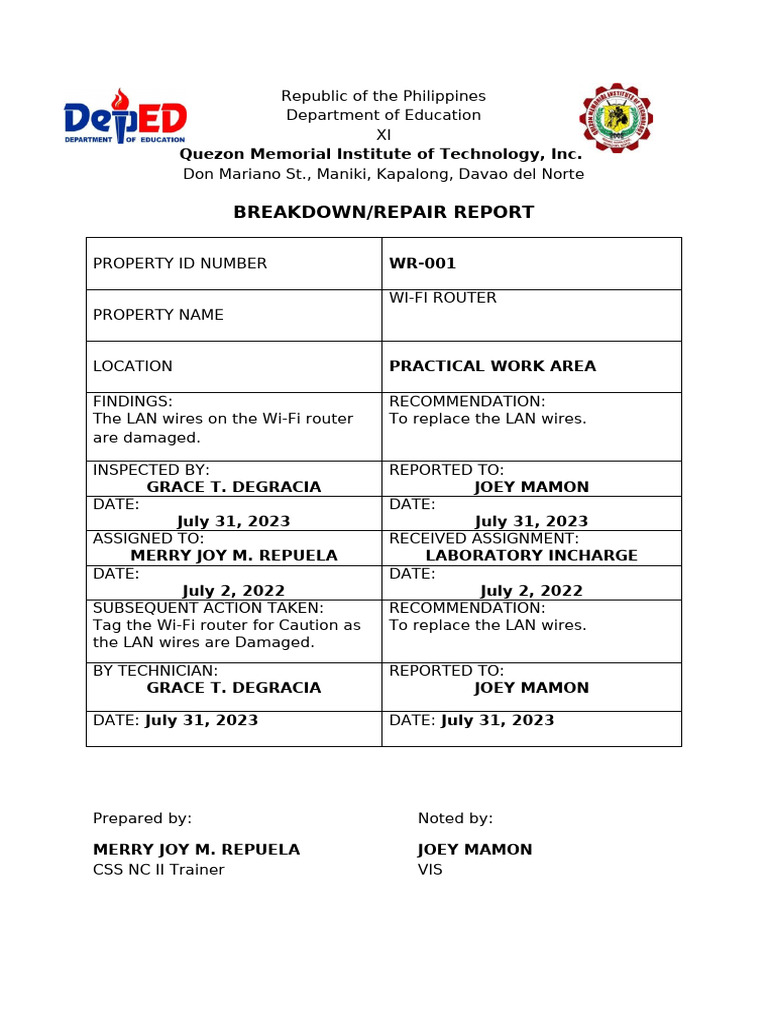 Breakdown Repair Report | PDF