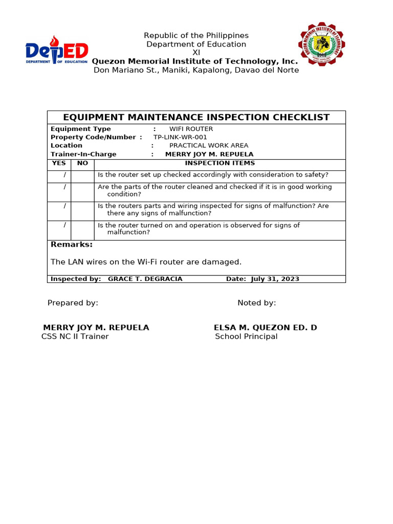 Equipment Maintainance Checklist | PDF