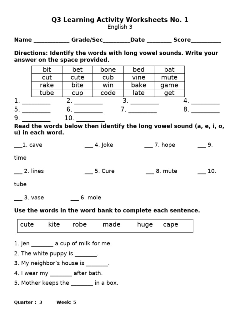 Learning Activity Worksheets No | PDF
