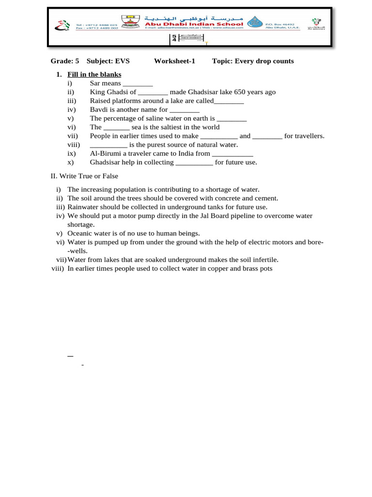 Every Drop Counts Worksheet for Class 5 | PDF