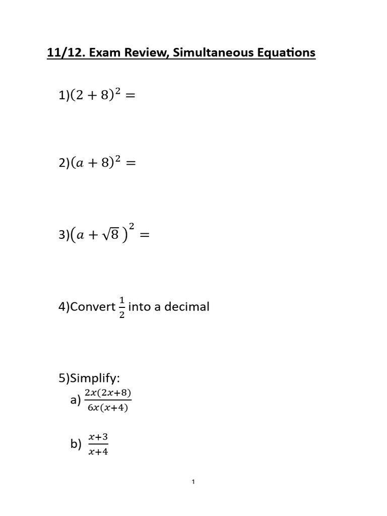 G1 Lesson 11 and 12 - Exam Review, Simultaneous Equations | PDF