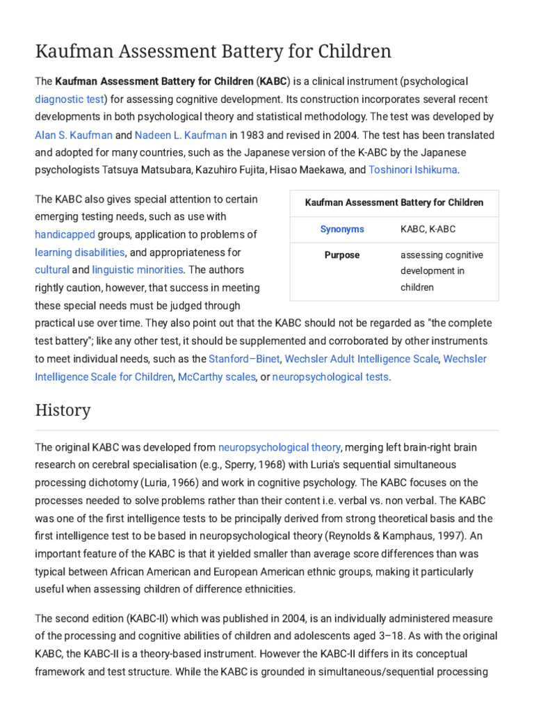 Kaufman Assessment Battery For Children - Wikipedia | PDF | Behavioural ...