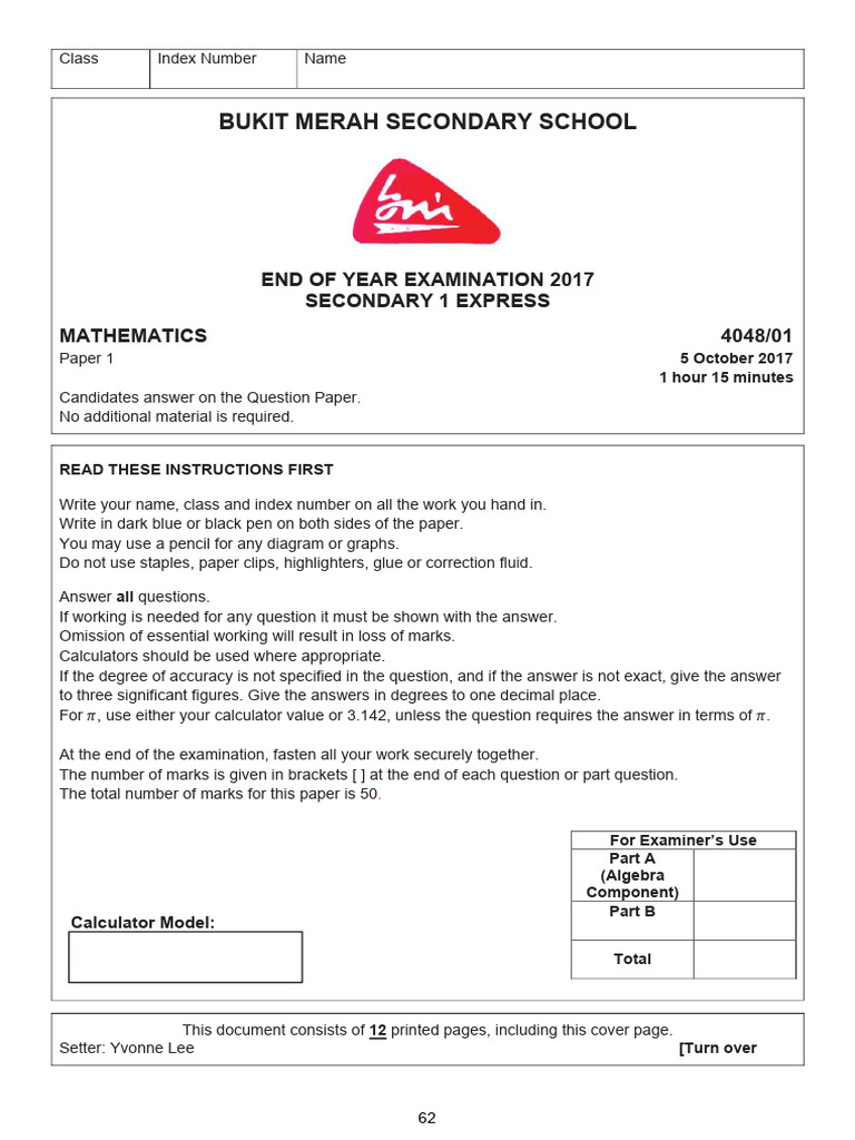 Sec 1 Math SA2 2017 Bukit Merah | PDF | Numbers | Significant Figures