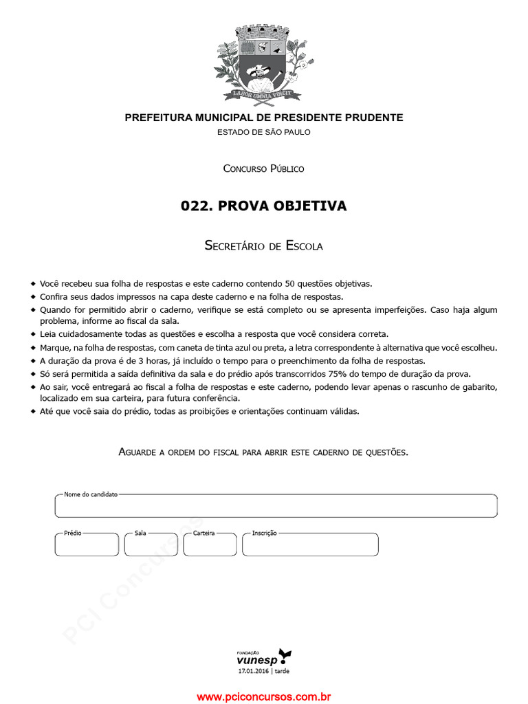 Prova Objetiva: Secretário de Escola | PDF | Férias trabalhistas