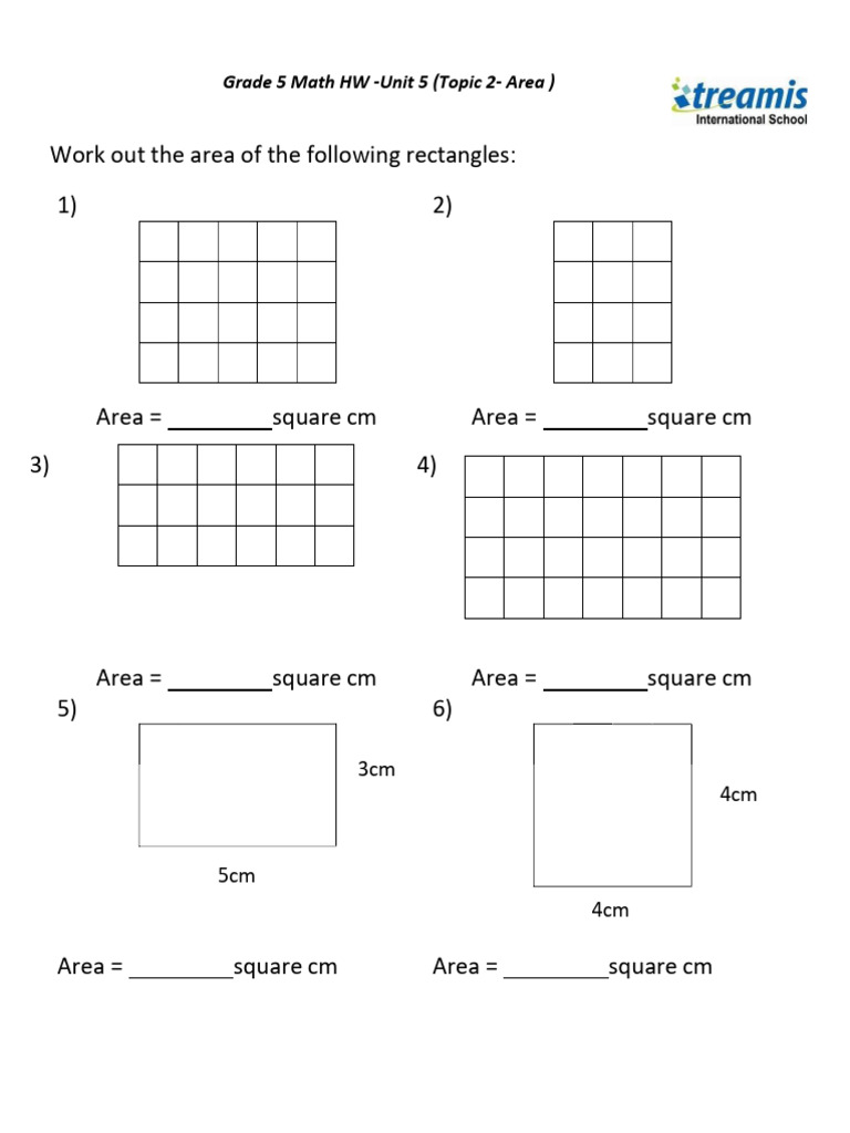 Grade 5 Math HW - Unit 5 Topic 2 - Area | PDF