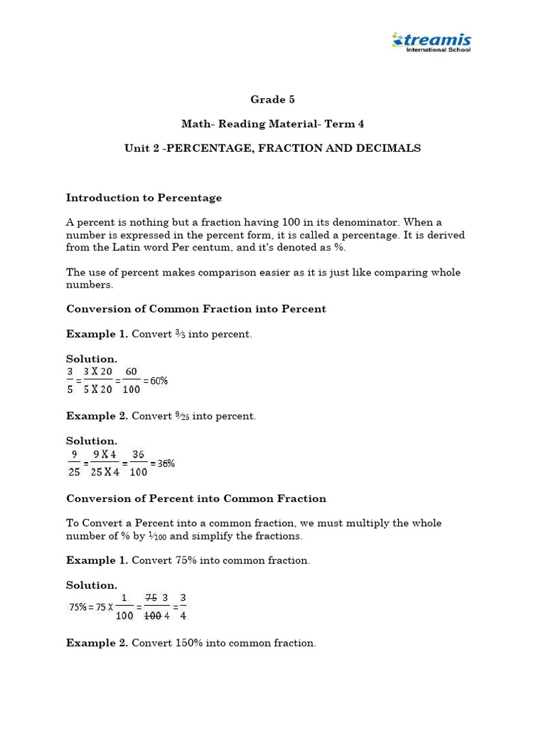 G5 Math PERCENTAGE FRACTION AND DECIMALS T4 | PDF | Percentage | Elementary Mathematics