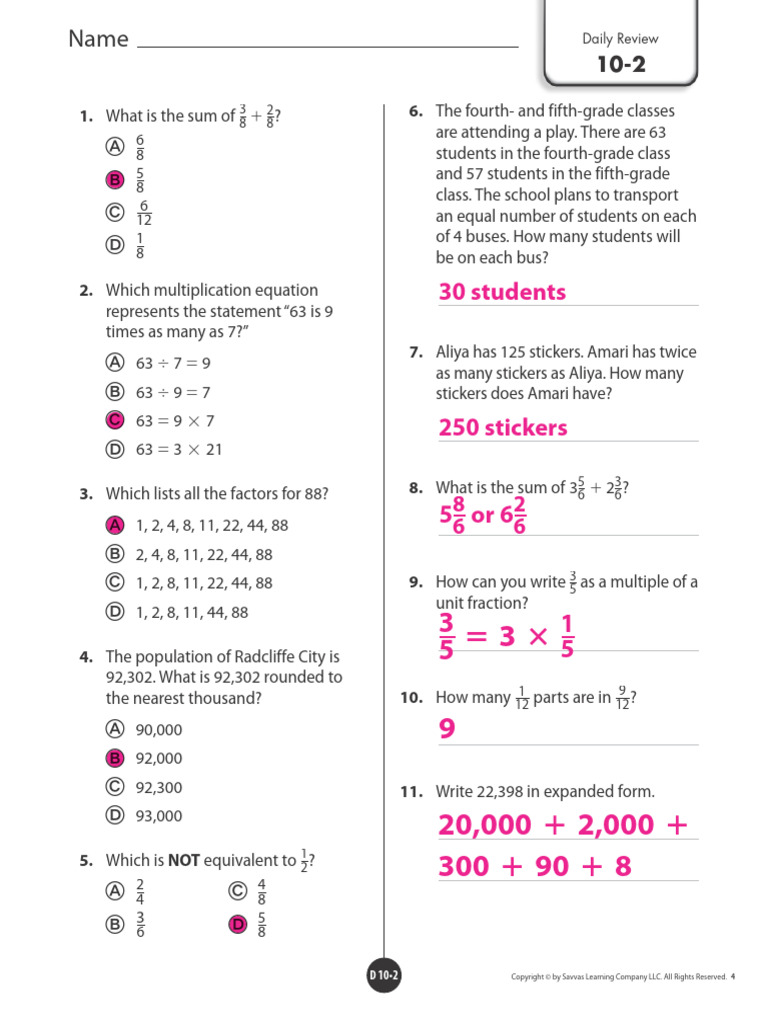 10-2 - Daily Review - Answer Key | PDF | Mathematics | Algebra