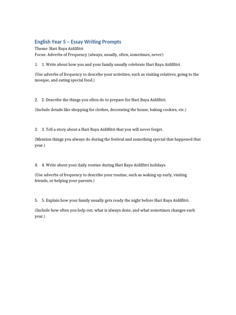 Hari_Raya_Aidilfitri_Essay_mQuestions_Year5 | PDF