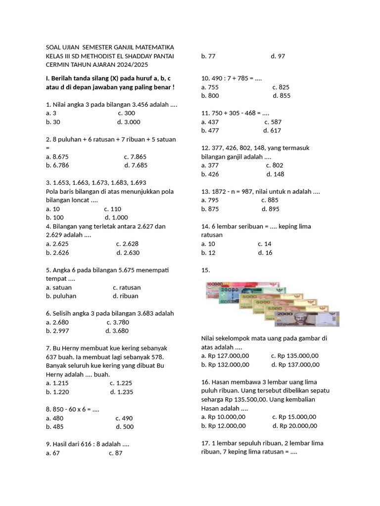 Soal Us Ganjil Matematika Kelas 3 | PDF