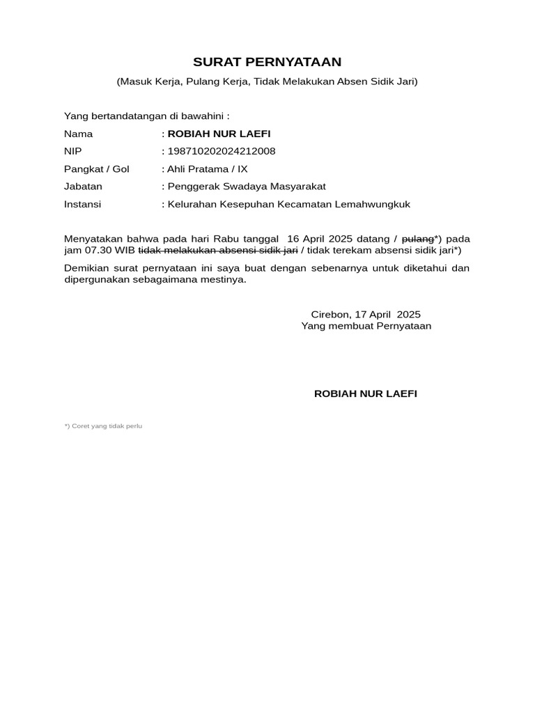 Surat Pernyataan Lupa Absen 25 11 2024 Baru | PDF