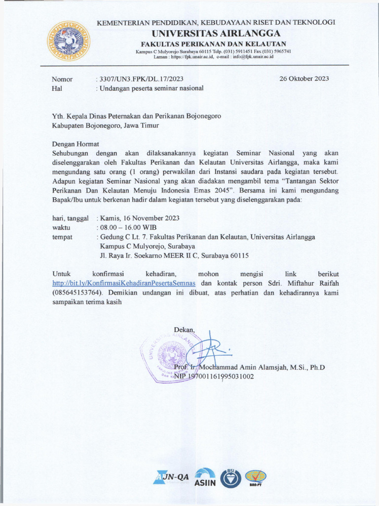 (DPP Bojonegoro) Undangan Seminar Nasional Perikanan dan Kelautan | PDF