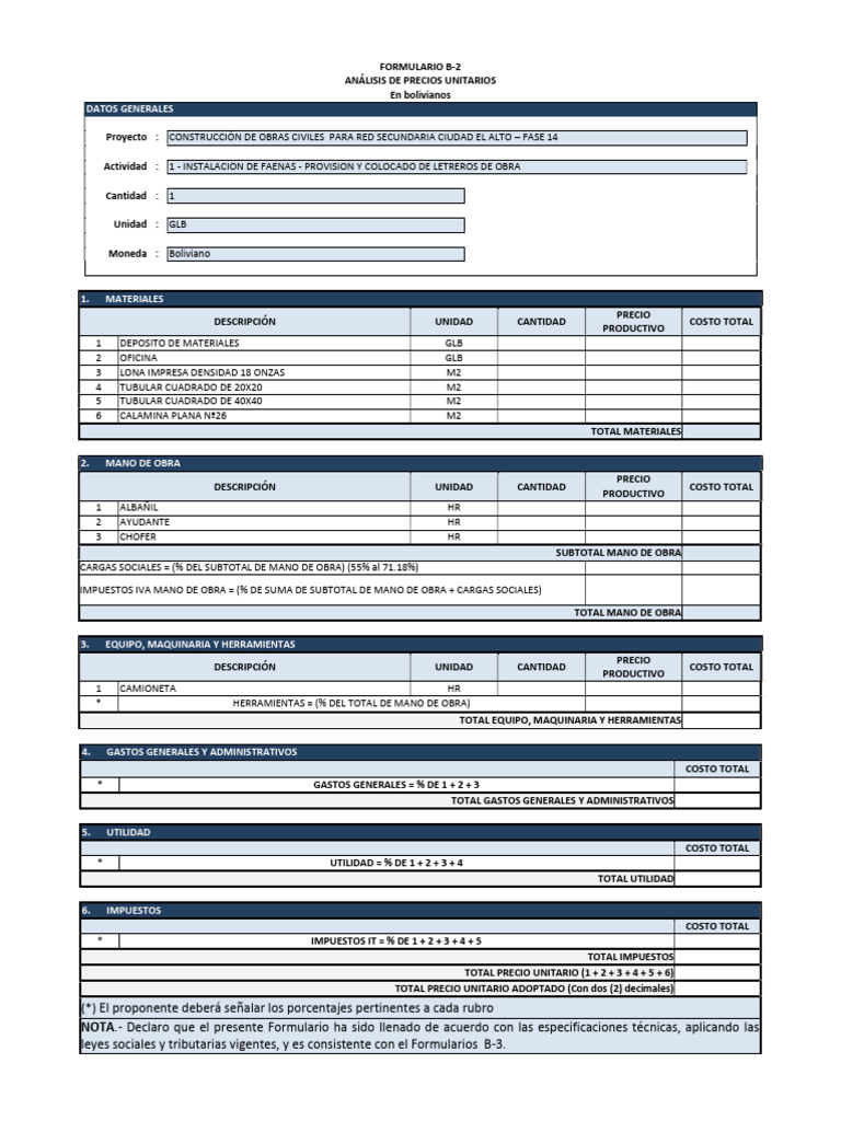 Análisis de Precios Unitarios en Bolivia | PDF | Impuestos | Bolivia
