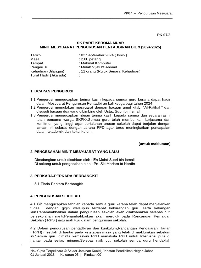 3. MINIT MESYUARAT PENGURUSAN BIL 3 | PDF