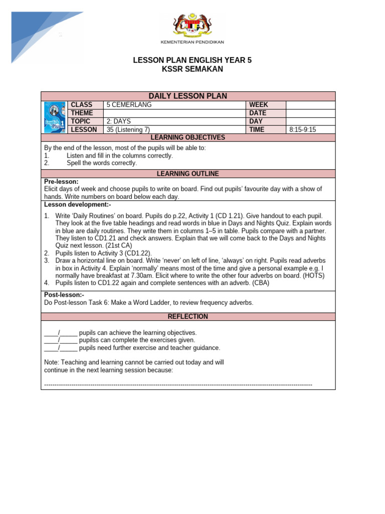 RPH Bi THN 5 New (3) - Unit 2 (Lp35-52) | PDF | Lesson Plan | Teachers