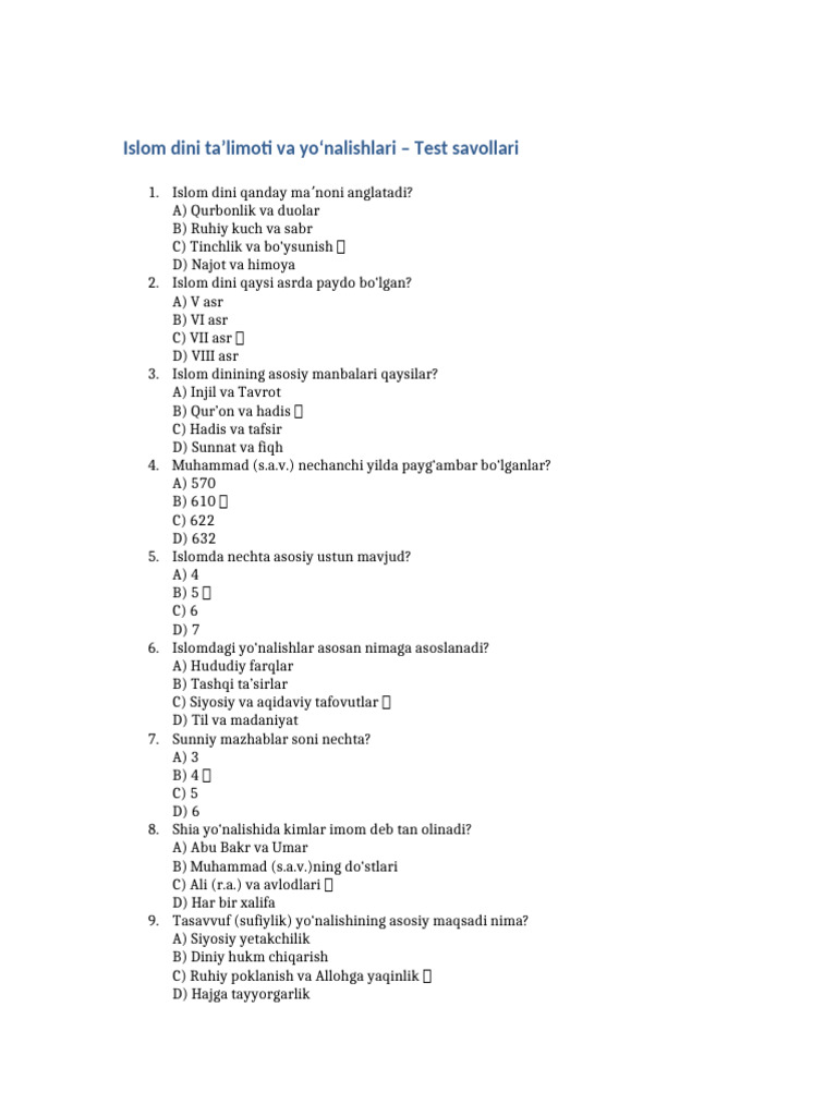Islom Talimoti Va Yunalishlari Test | PDF